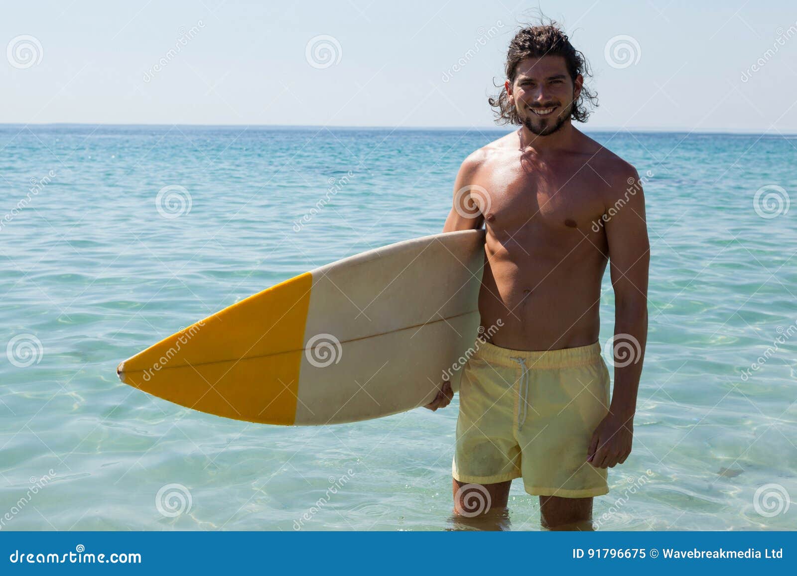 Smiling Surfer with Surfboard Standing at Beach Coast Stock Image ...