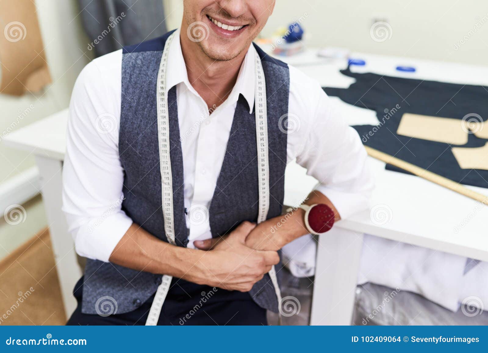 Smiling Tailor in Modern Atelier Stock Photo - Image of dressmaker ...