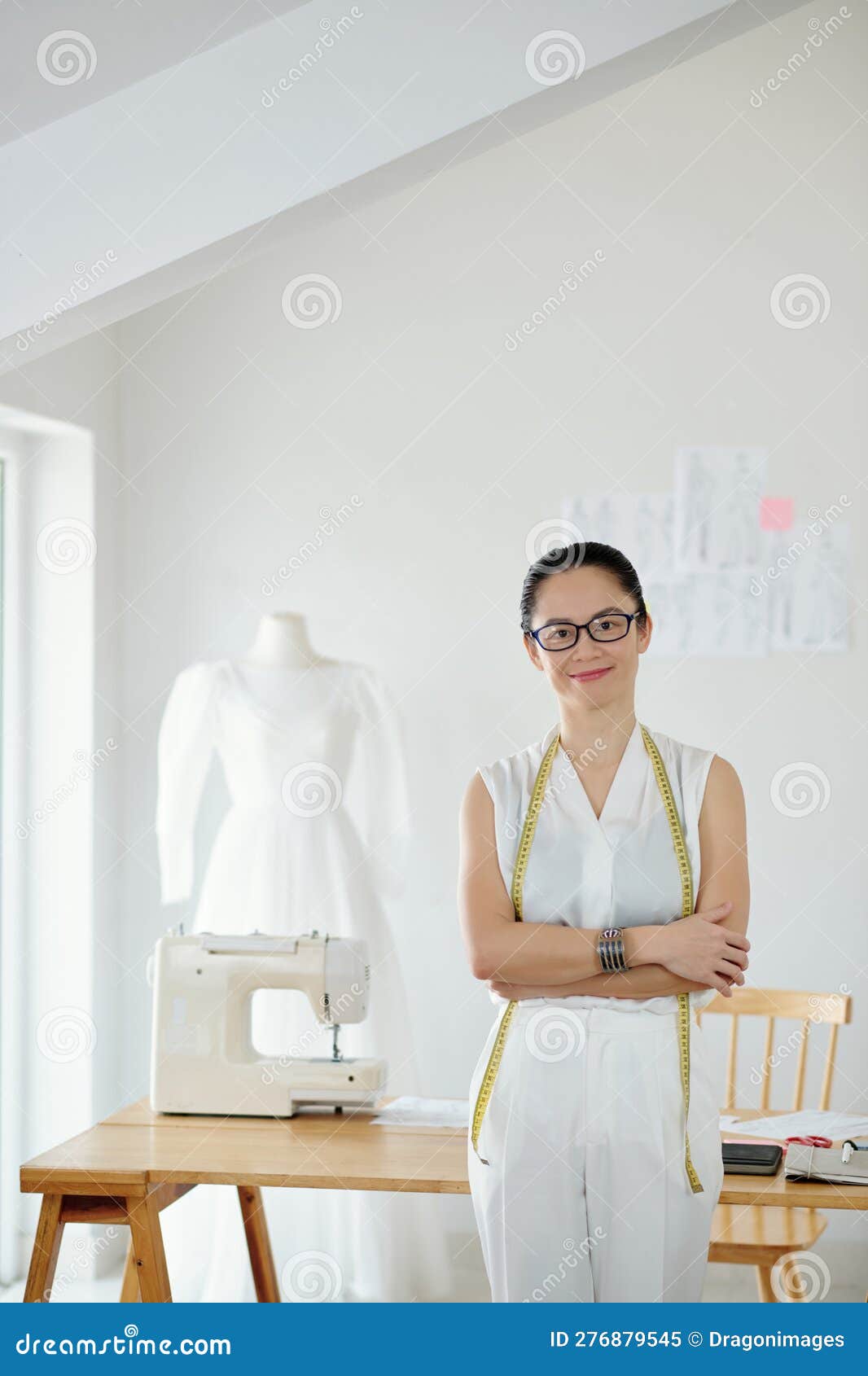 Smiling Tailor Standing at Desk Stock Image - Image of fitting ...