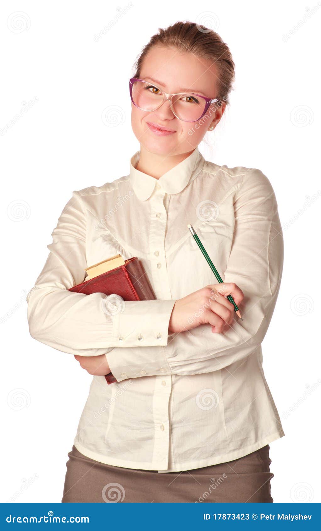 Smiling Teacher with Book and Pen Stock Image - Image of business ...
