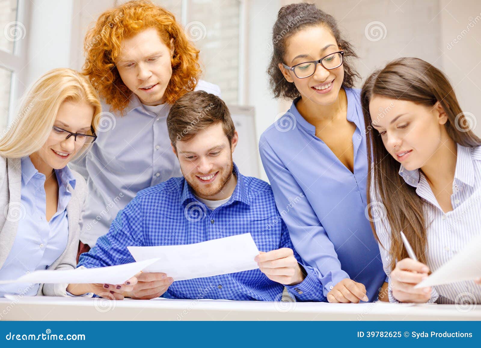 Smiling Team with Paper at Office Stock Image - Image of briefing ...