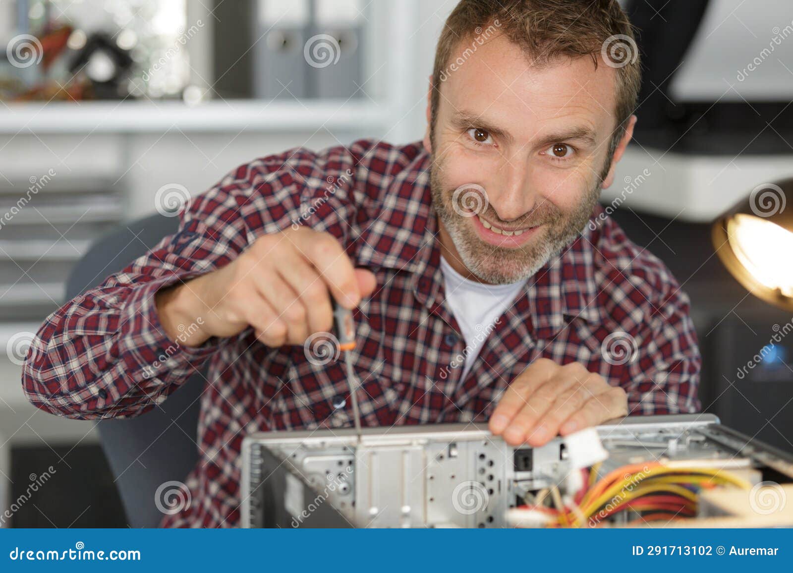 Smiling Technician Assembling Computer Stock Photo - Image of ...