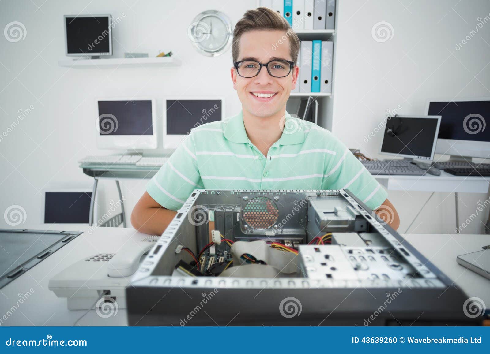 Smiling Technician Working on Broken Computer Stock Photo - Image of ...