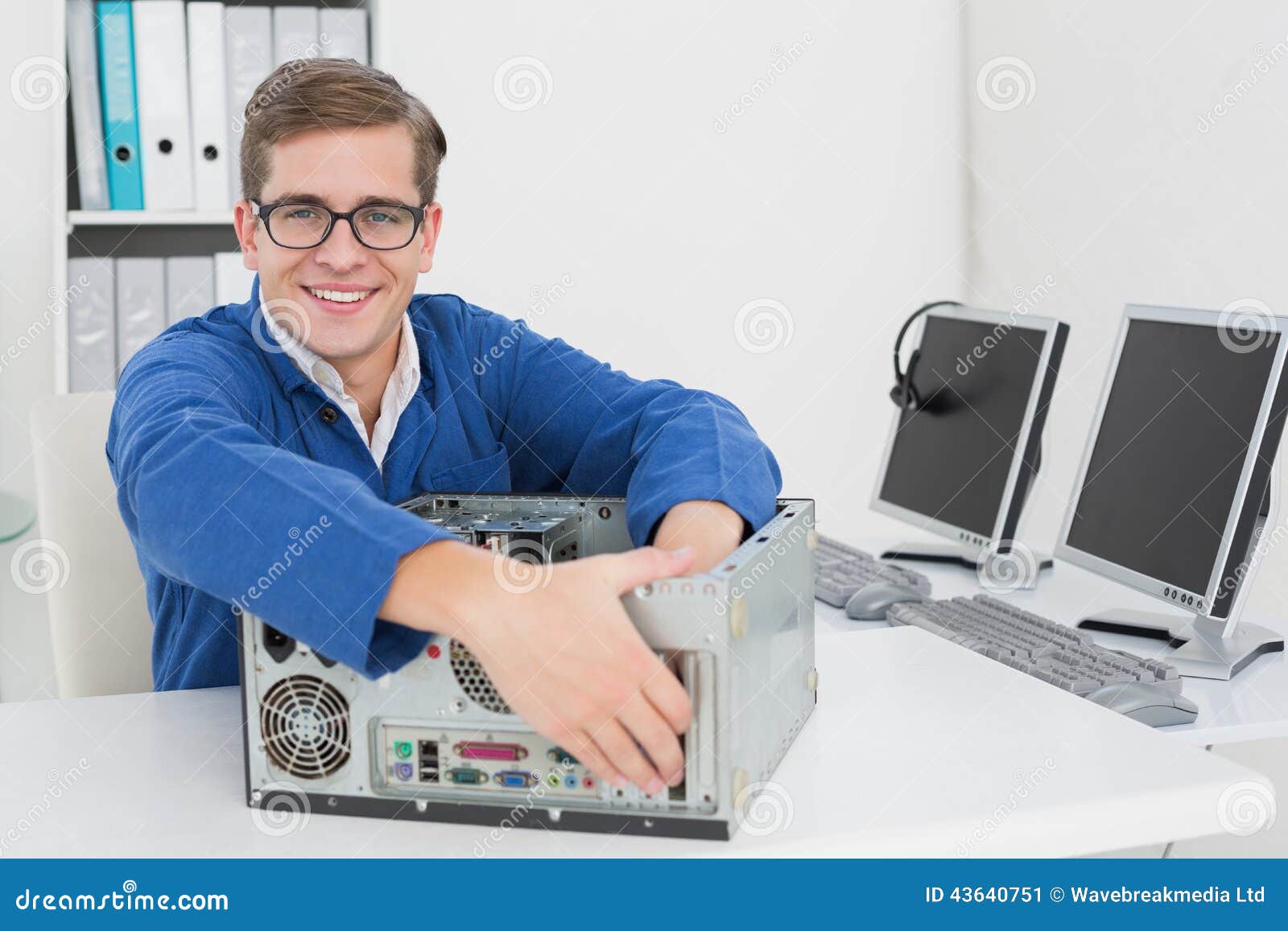 Smiling Technician Working on Broken Computer Stock Image - Image of ...