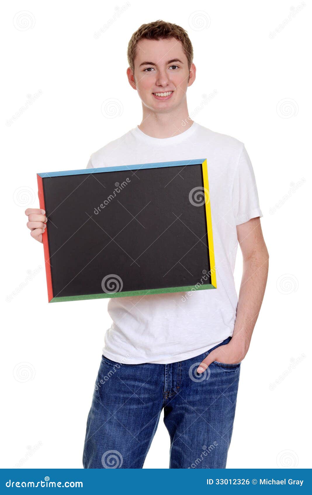 Smiling Teen Boy with Chalkboard Stock Photo - Image of showing, chalk ...