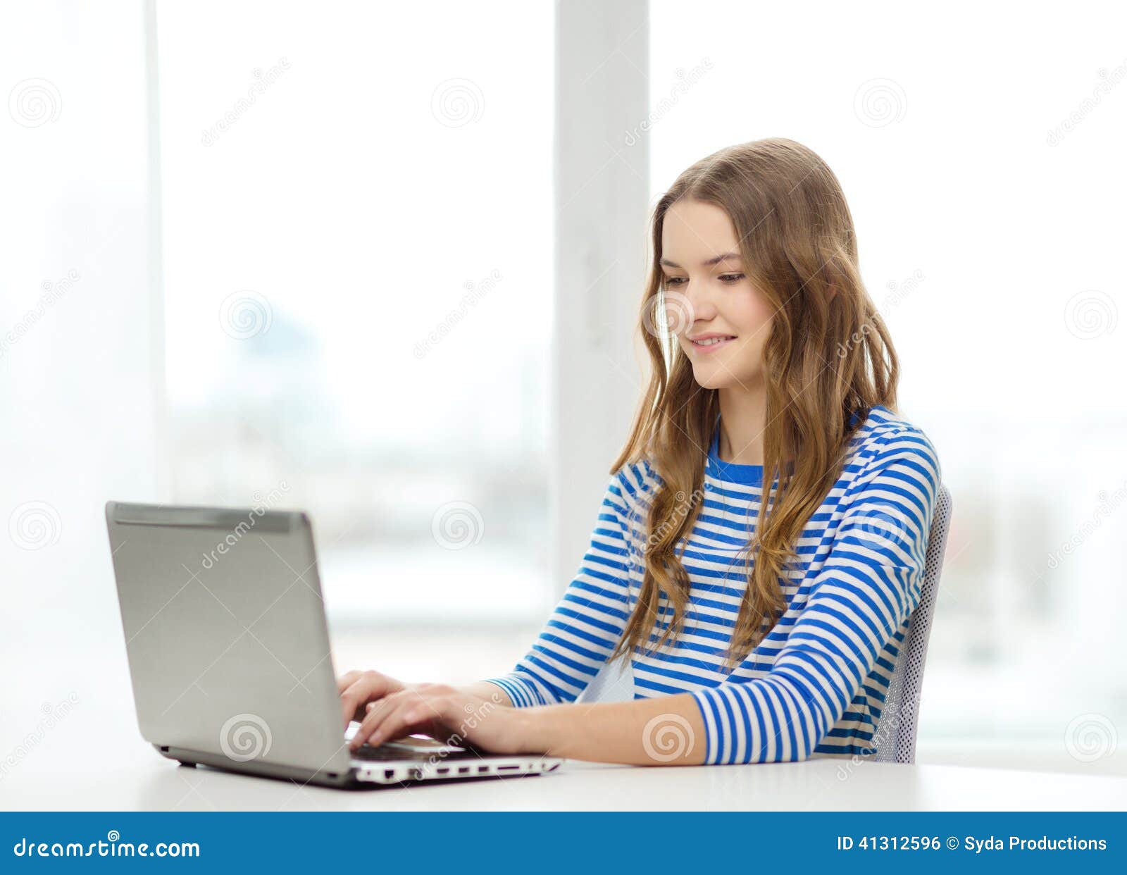 Smiling Teenage Gitl with Laptop Computer at Home Stock Photo - Image ...