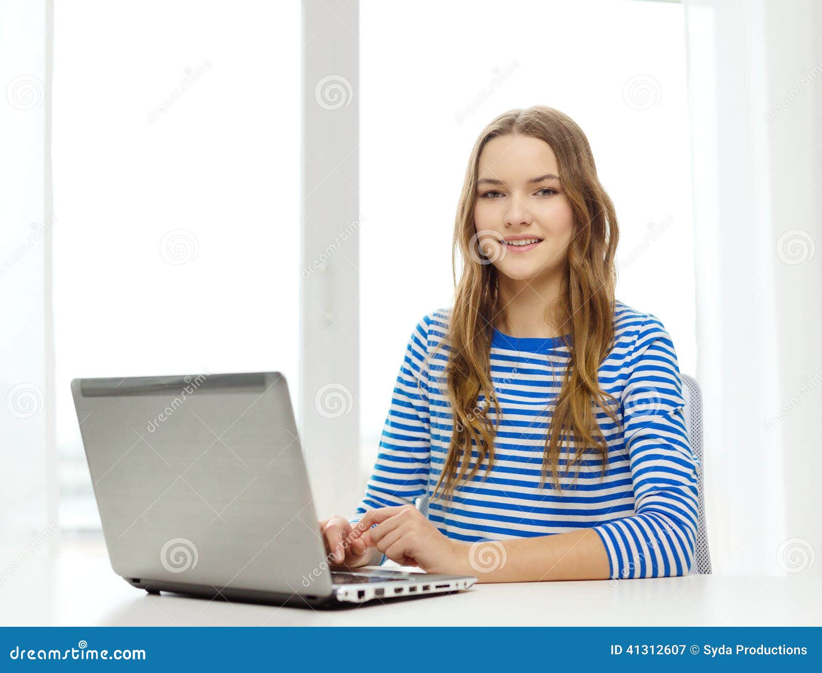 Smiling Teenage Gitl with Laptop Computer at Home Stock Image - Image ...