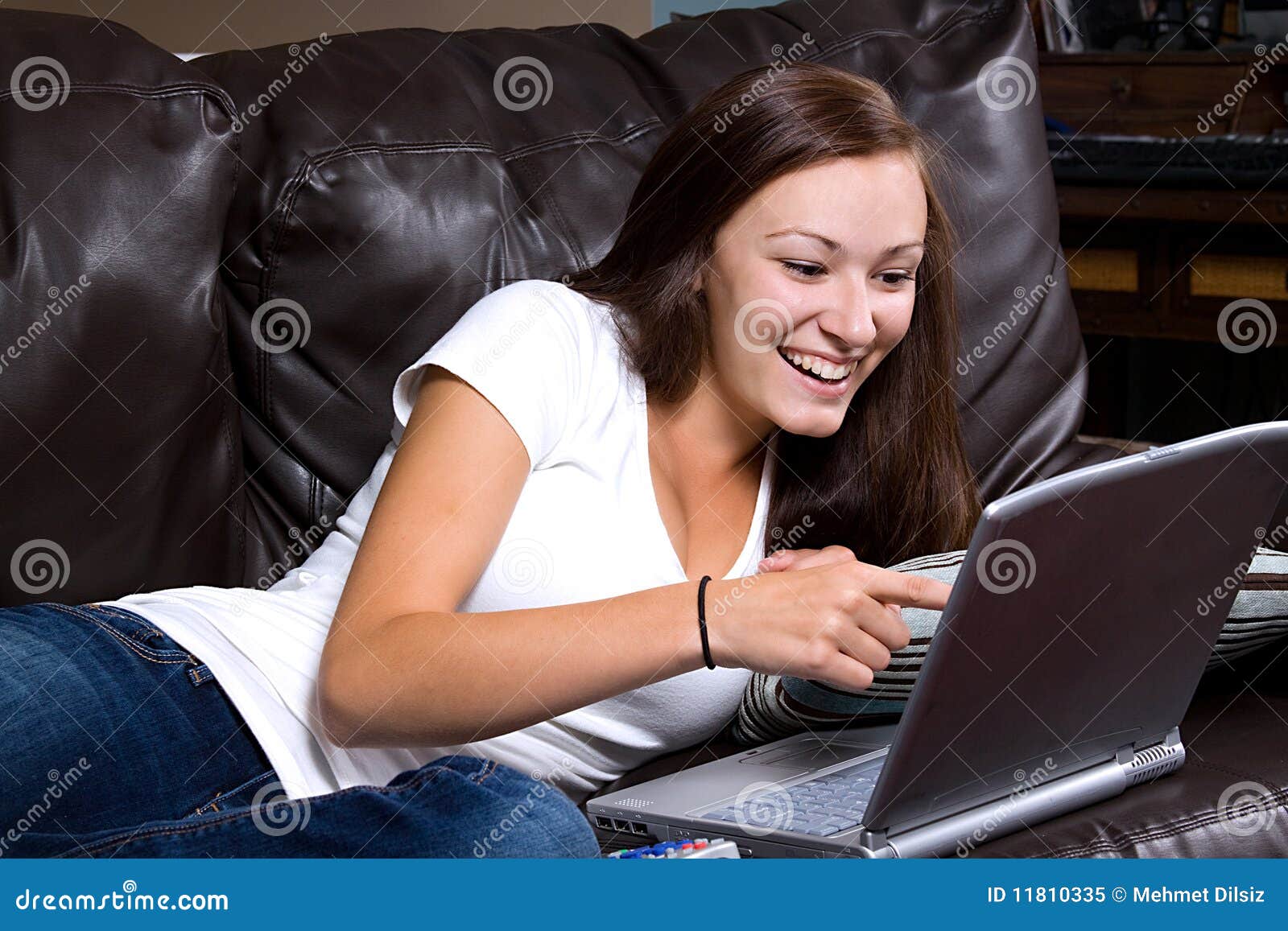 Smiling Teenager Looking at the Computer Stock Image - Image of blue ...