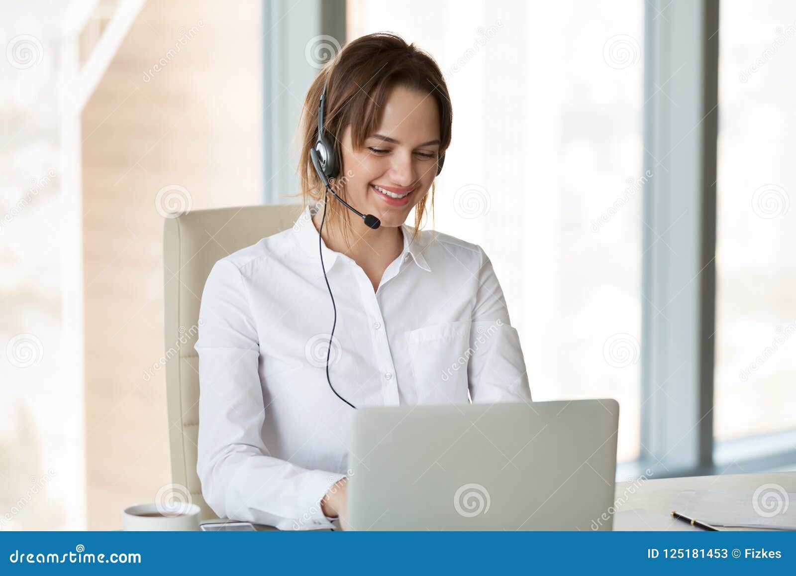 Smiling Telemarketer Wearing Headset Consulting Customer Making Stock ...