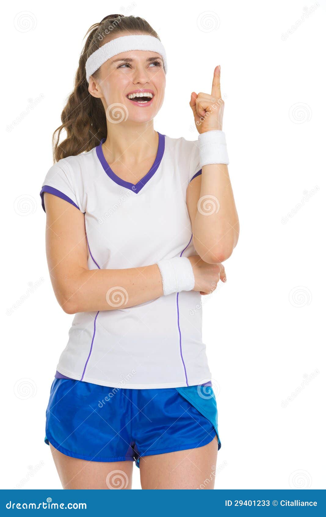 Smiling Tennis Player Pointing Up on Copy Space Stock Image - Image of ...