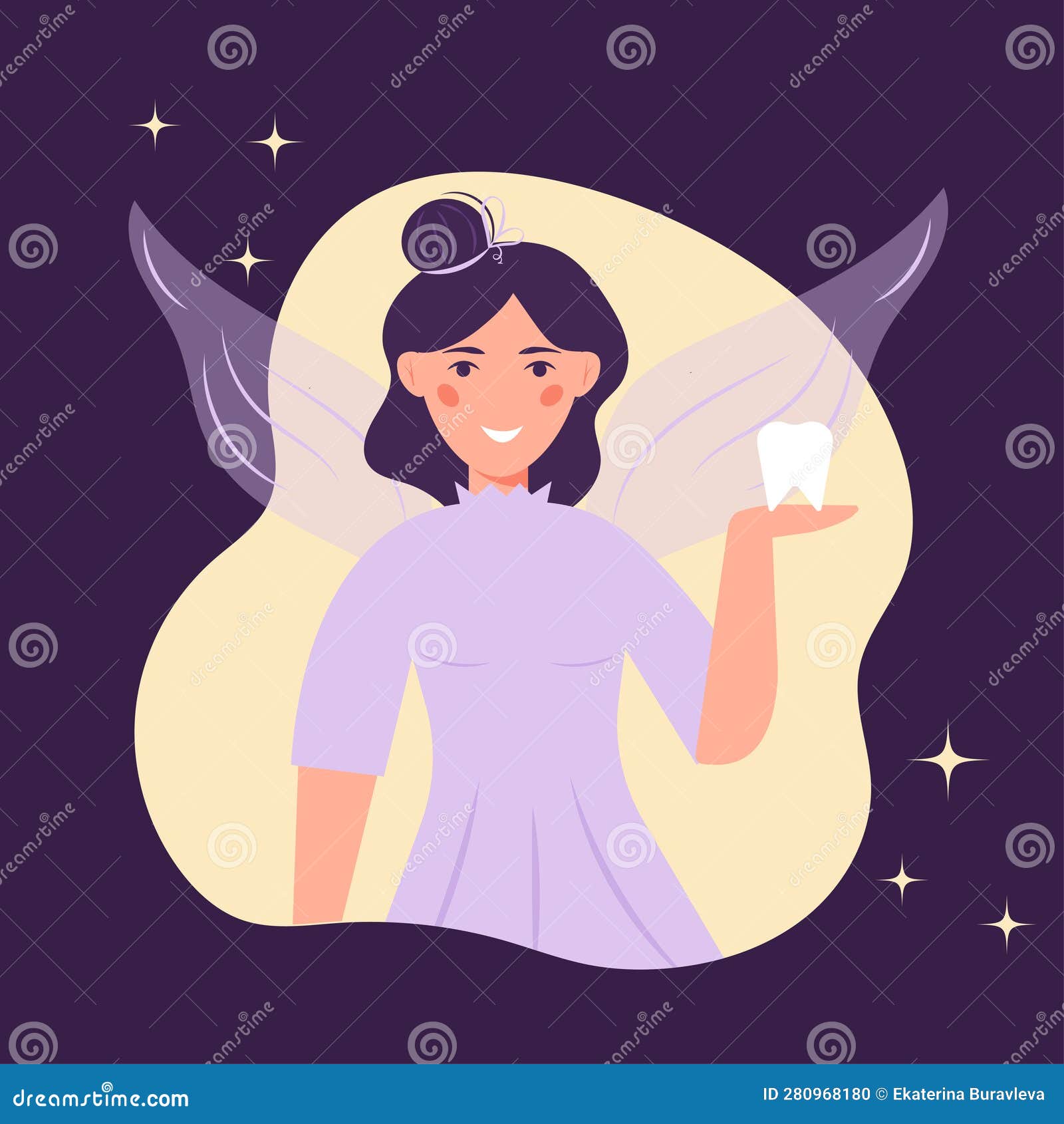 Smiling Tooth Fairy with Wings and a Tooth in Her Hands. Flat Vector ...