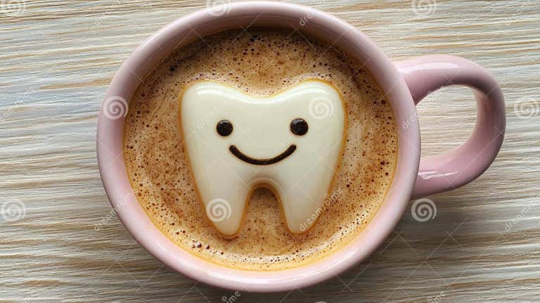 Smiling Tooth-shaped Marshmallow Floating in Coffee Mug Stock Photo ...