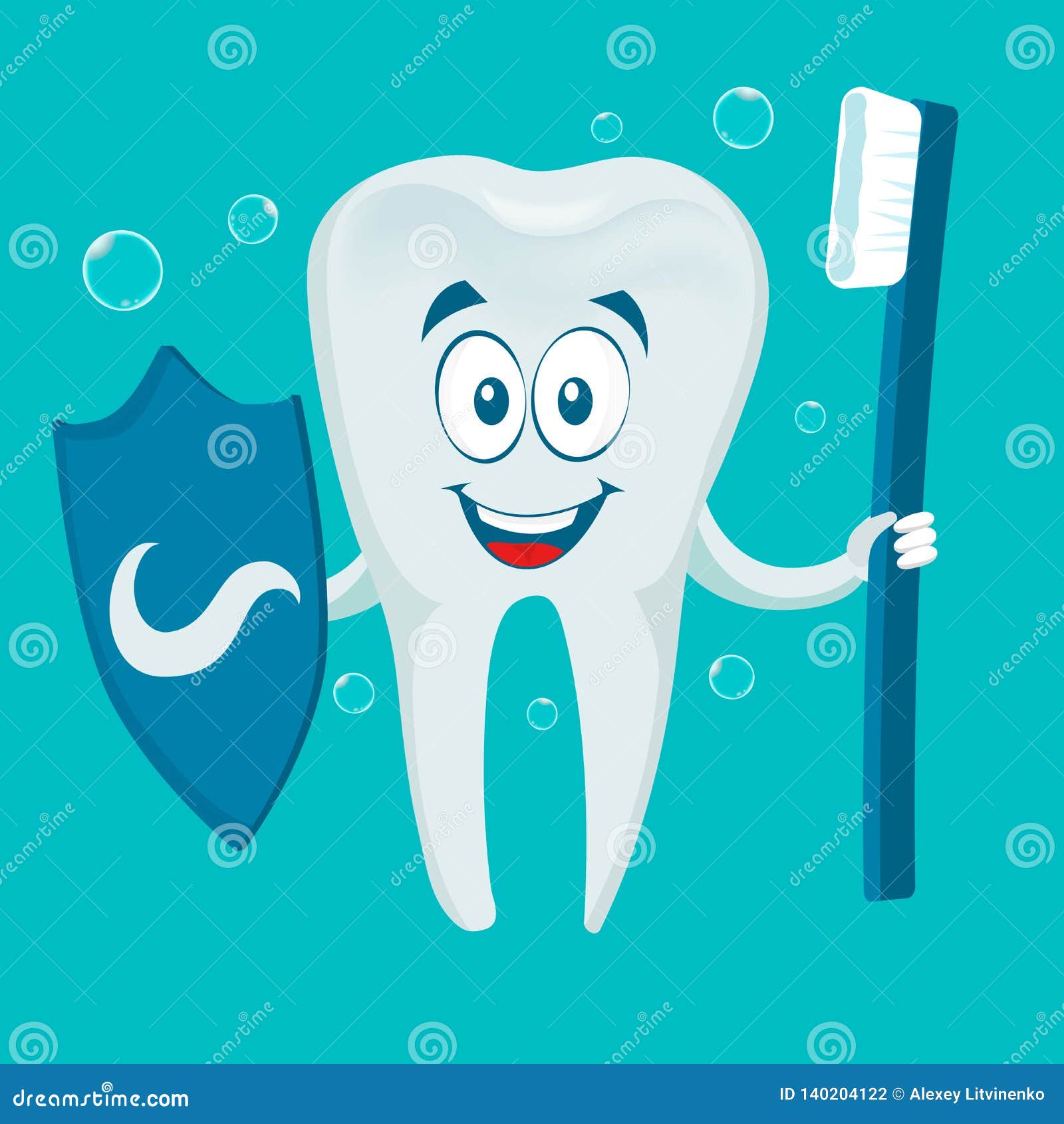 Smiling Tooth with Toothbrush and Shield Stock Vector - Illustration of ...
