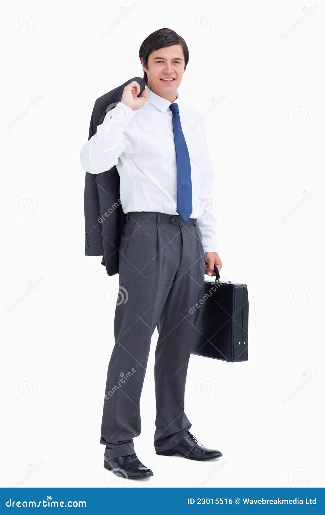 Smiling Tradesman with Jacket and Suitcase Stock Photo - Image of ...