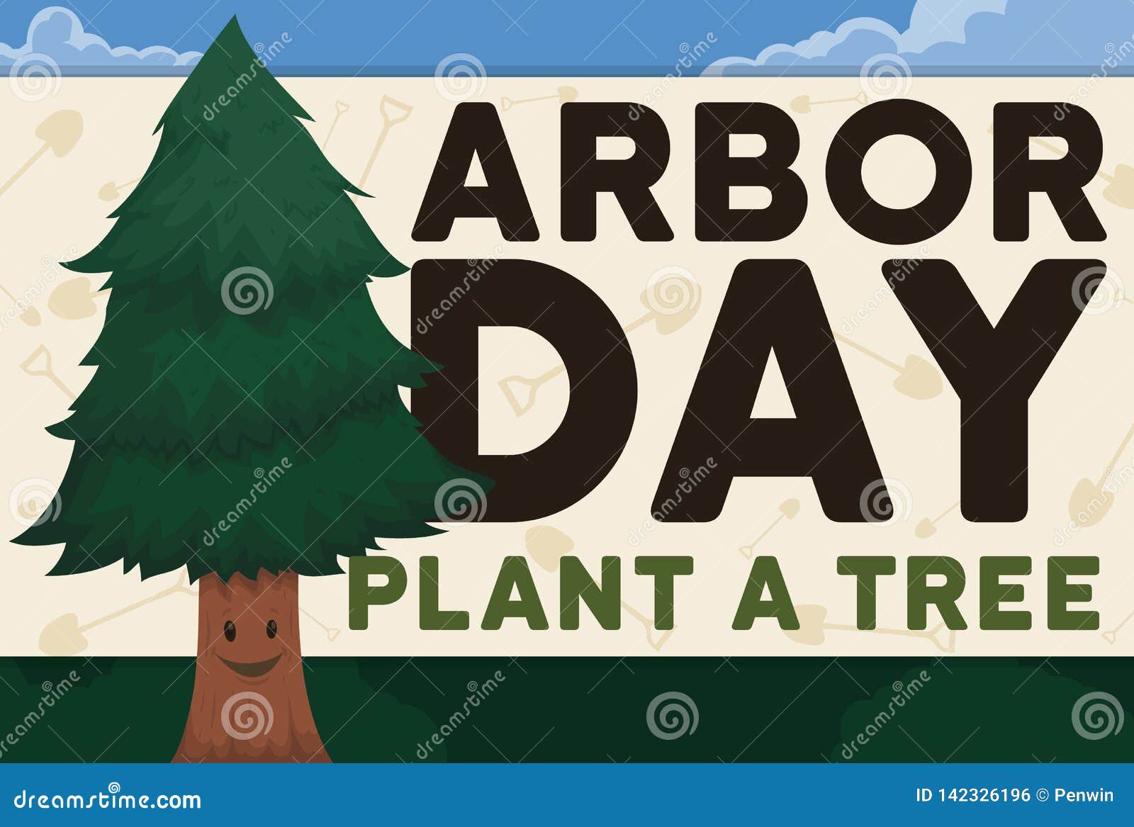Smiling Tree in a Forest and Sign Promoting Arbor Day, Vector ...