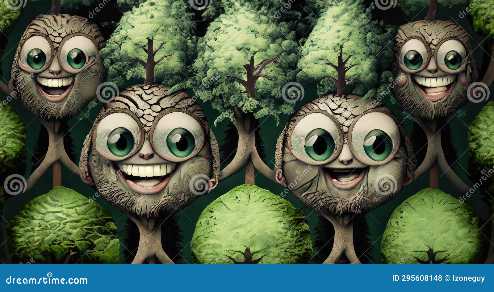 Smiling Tree People with Big Eyes Stock Illustration - Illustration of ...