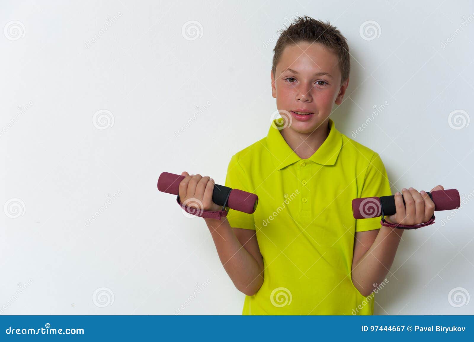 Smiling Tween Child Doing Biceps Exercise Stock Image - Image of ...