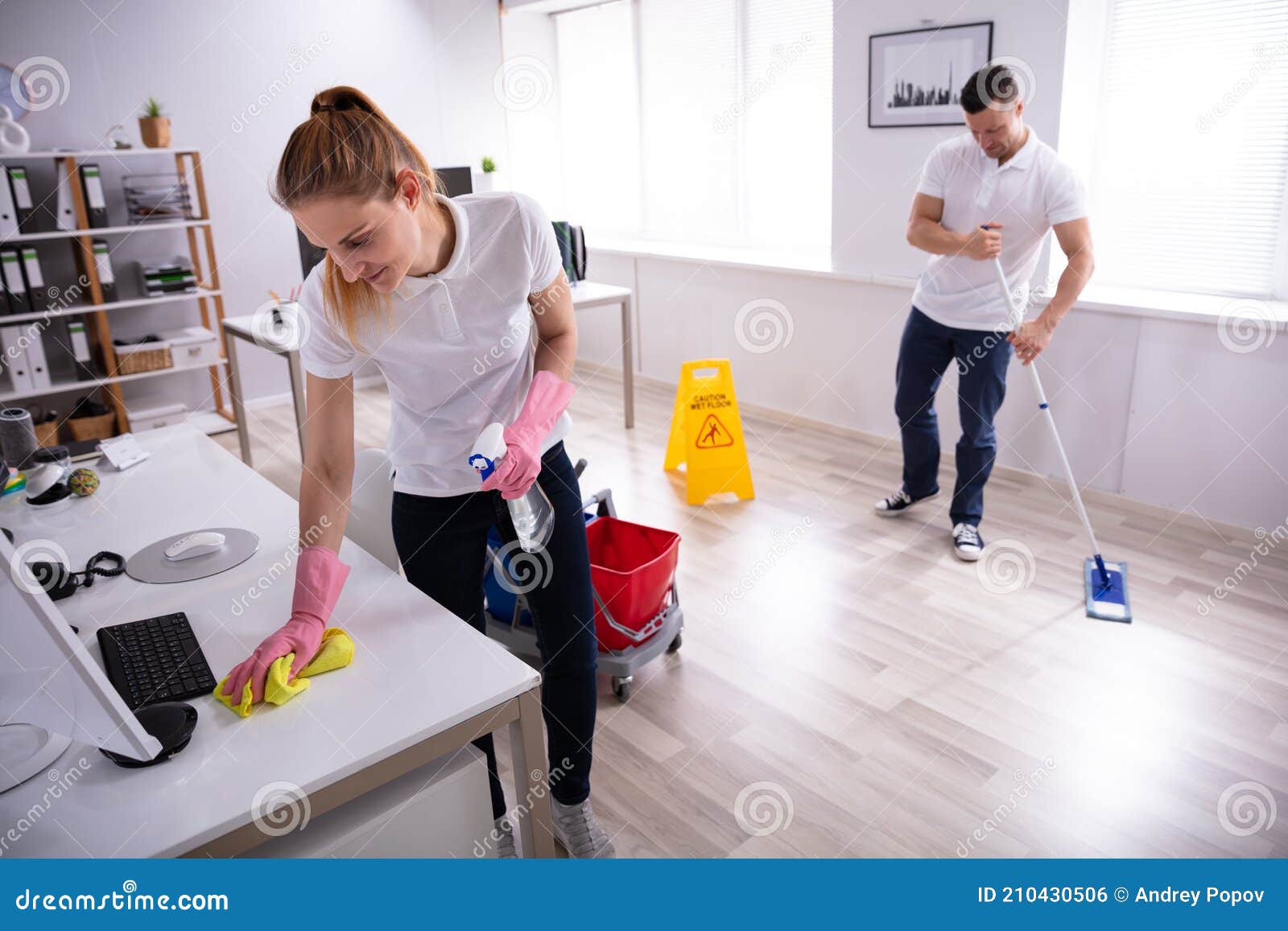 Smiling Two Young Janitor Cleaning the Office Stock Photo - Image of ...