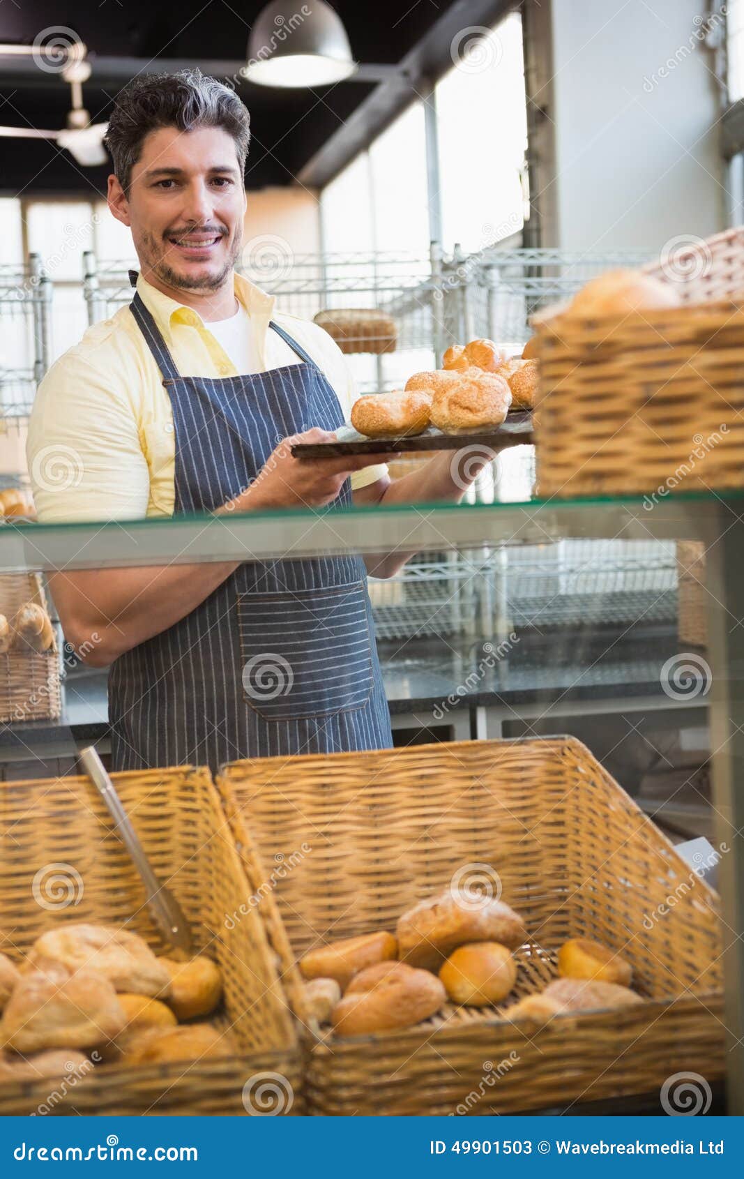Smiling Waiter Showing Tray of Breads Stock Image - Image of bakery ...