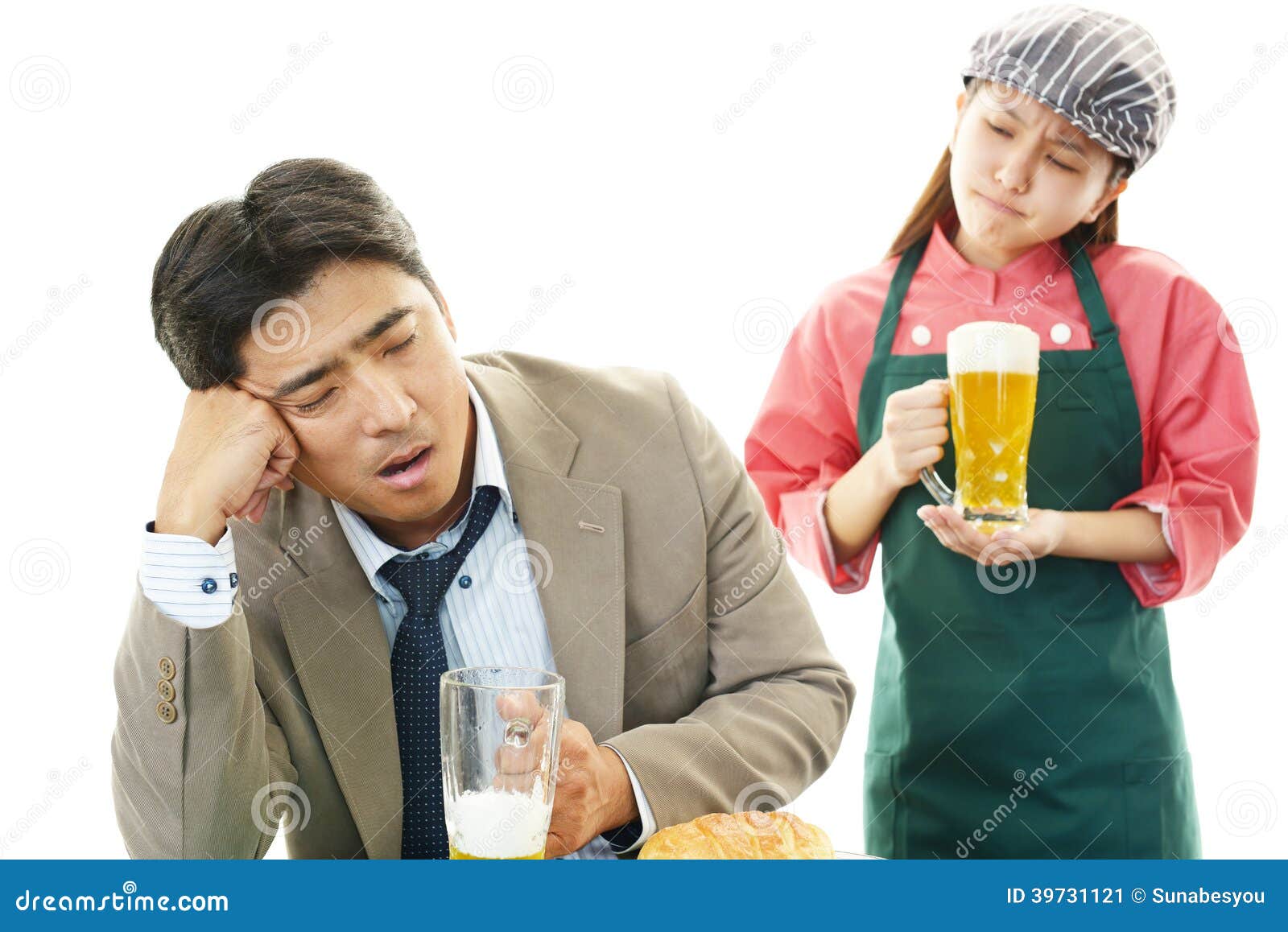 Smiling Waitress and a Drunk Customer Stock Image - Image of apron ...