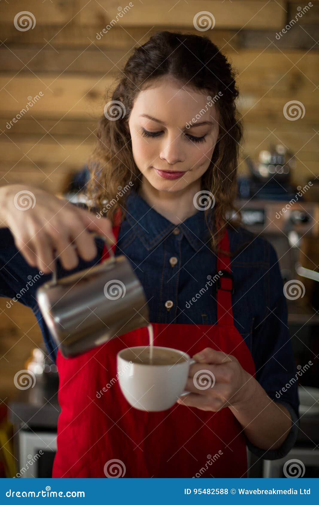 Smiling Waitress Making Cup of Coffee Stock Photo - Image of happy ...