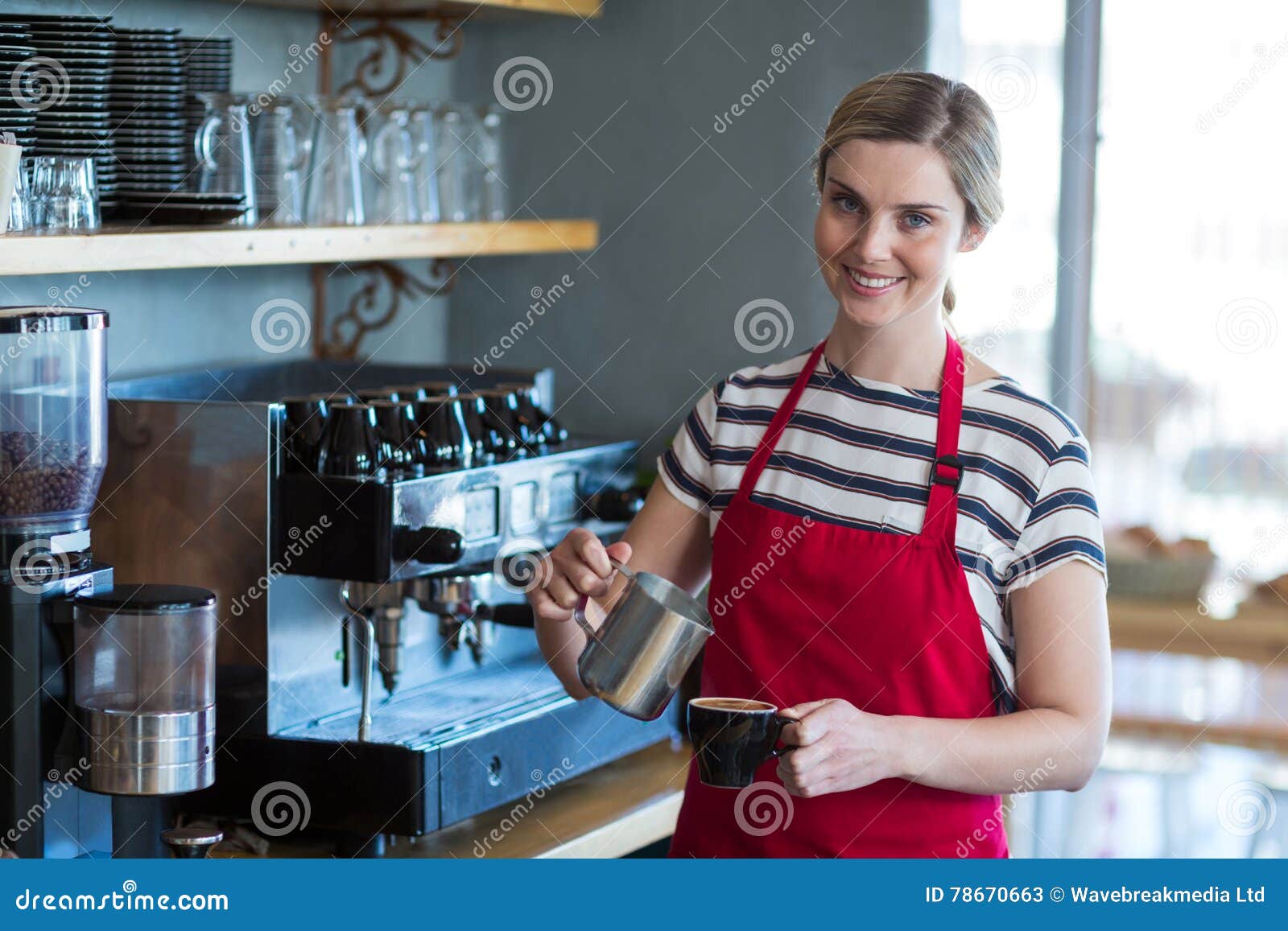 Smiling Waitress Making Cup of Coffee at Counter in Cafe Stock Image ...