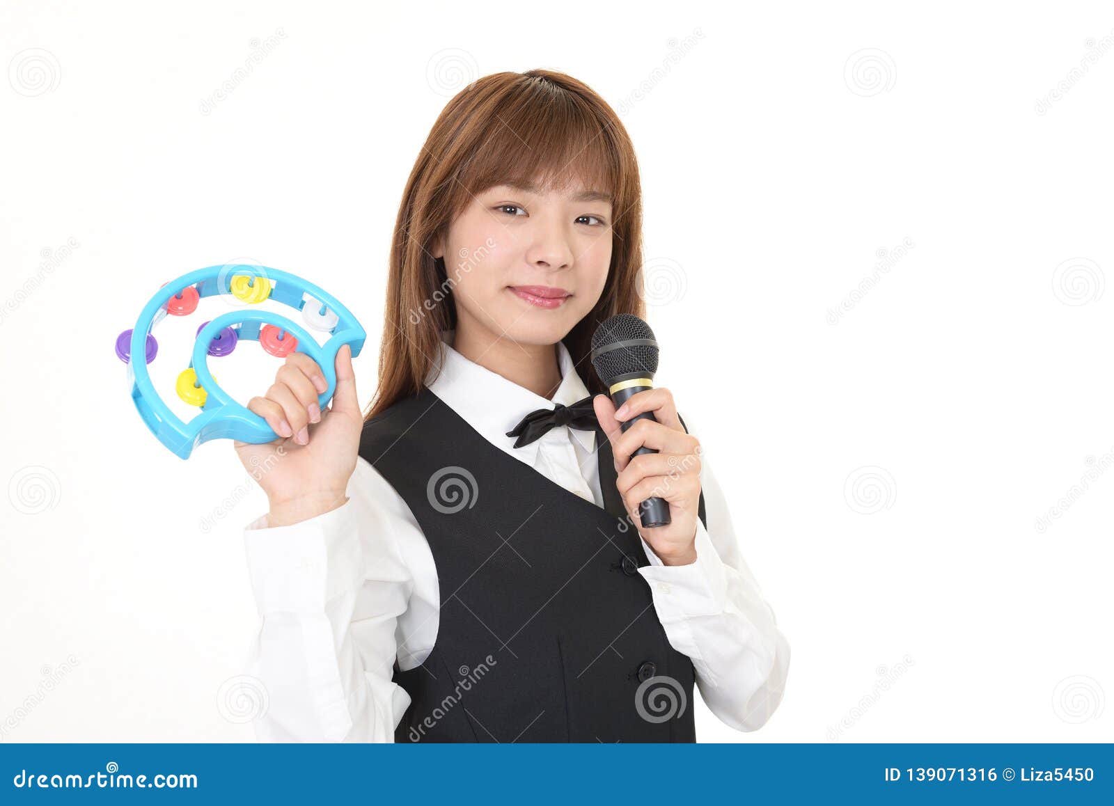 Smiling Waitress with a Microphone Stock Photo - Image of okinawa ...