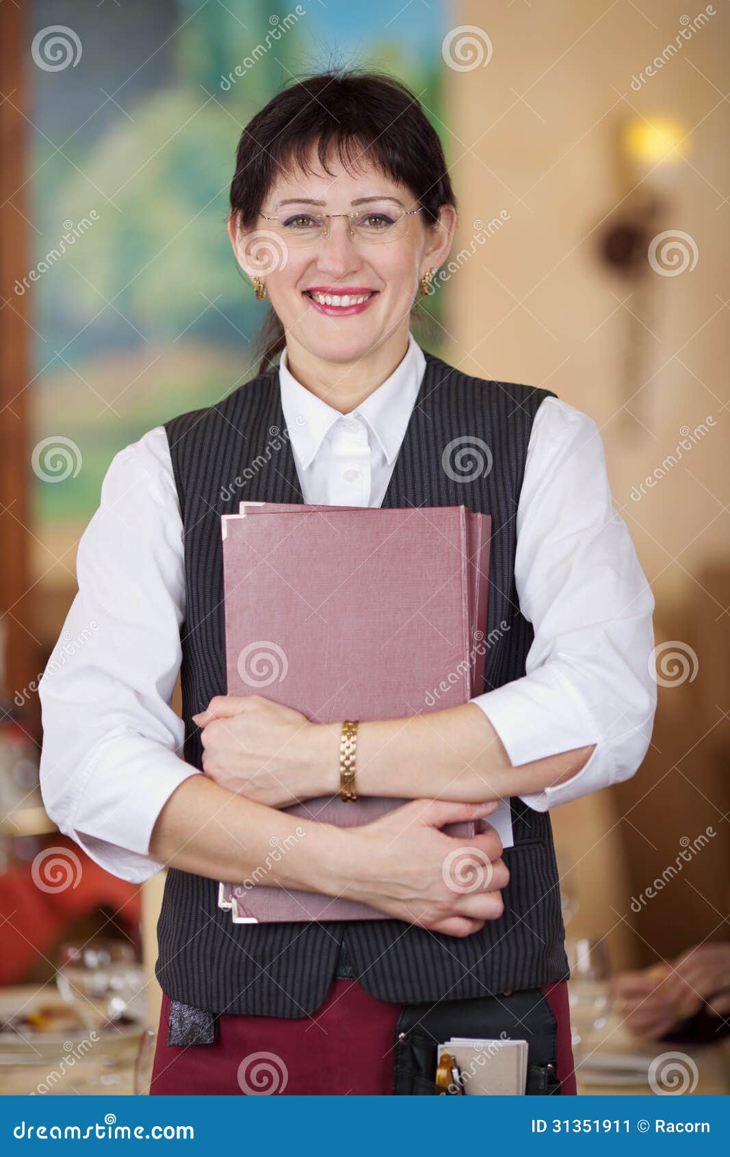 Smiling Waitress in Restaurant Stock Image - Image of pink, smiling ...