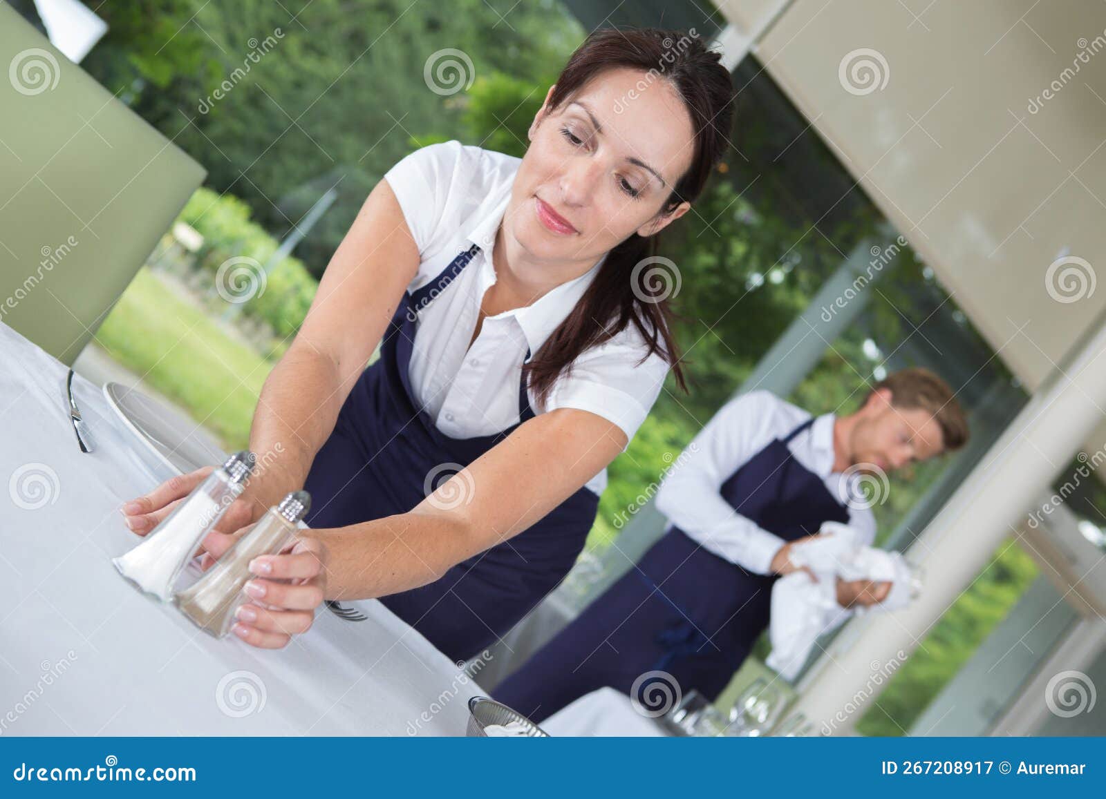 Smiling Waitress Setting Table Stock Image - Image of adult, standing ...