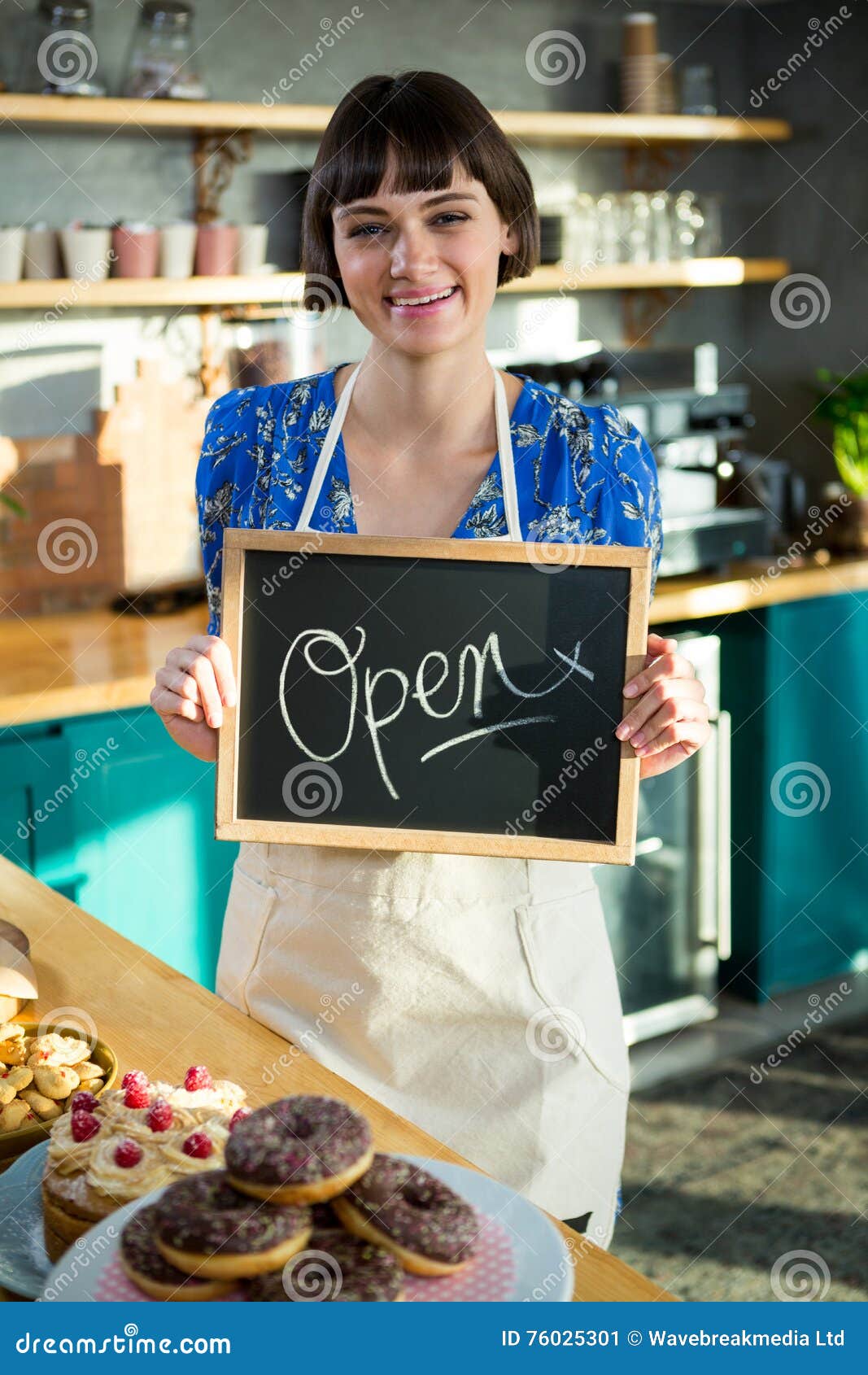 Smiling Waitress Standing with a Open Sign Stock Image - Image of ...