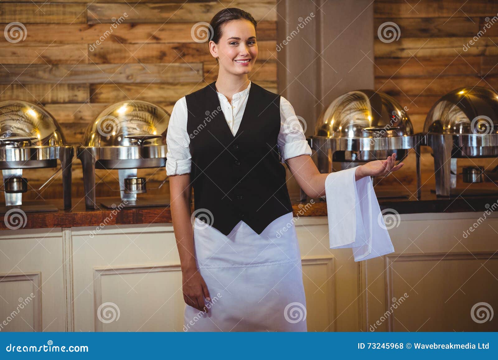Smiling waitress standing stock photo. Image of showing - 73245968