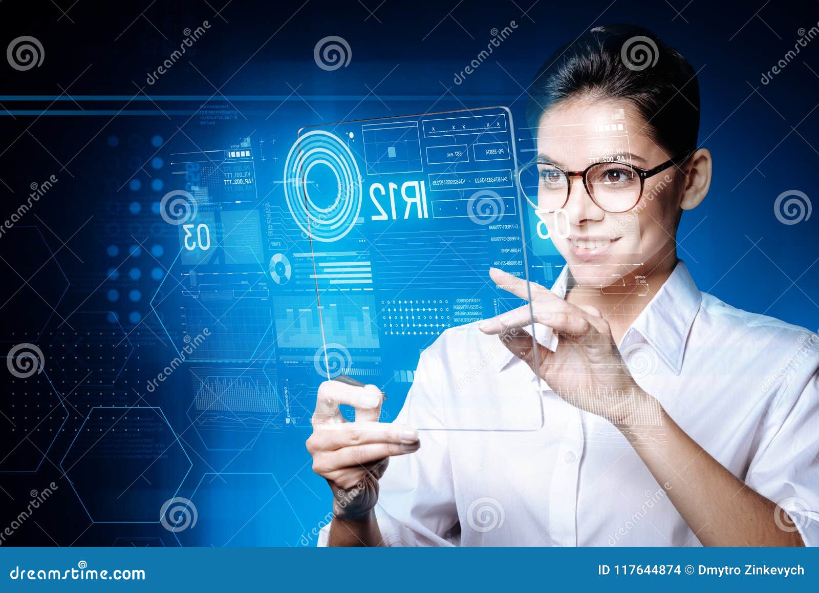 Cheerful Web Developer Holding a Transparent Tablet and Smiling Stock ...