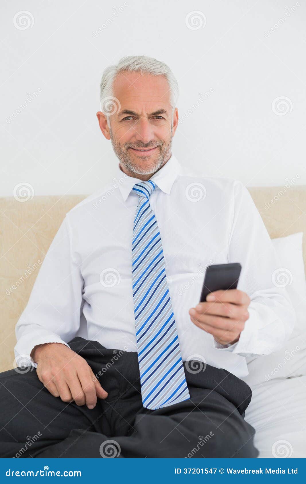 Smiling Well Dressed Man Text Messaging in Bed Stock Image - Image of ...