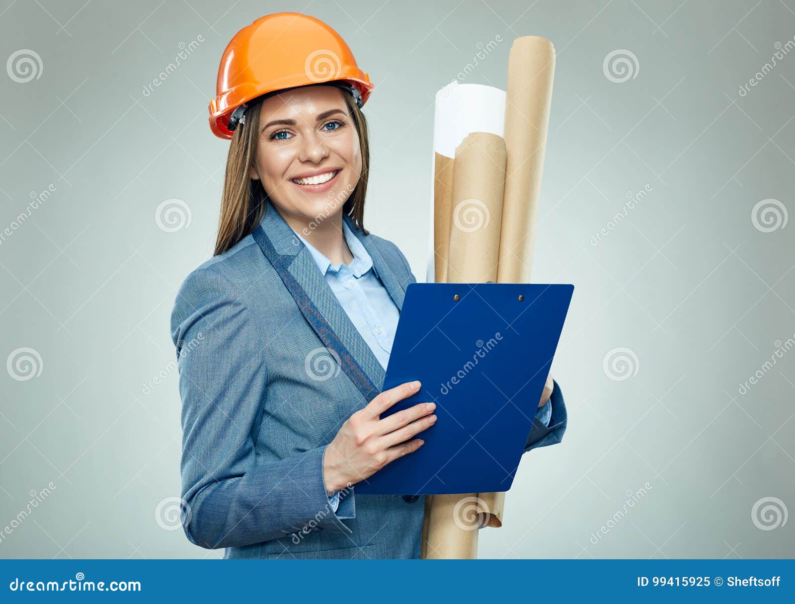 Smiling Woman Architect Holding Paper Plans and Clipboard. Stock Image ... Smiling Woman Architect Holding Paper Plans and Clipboard. Stock Image ...