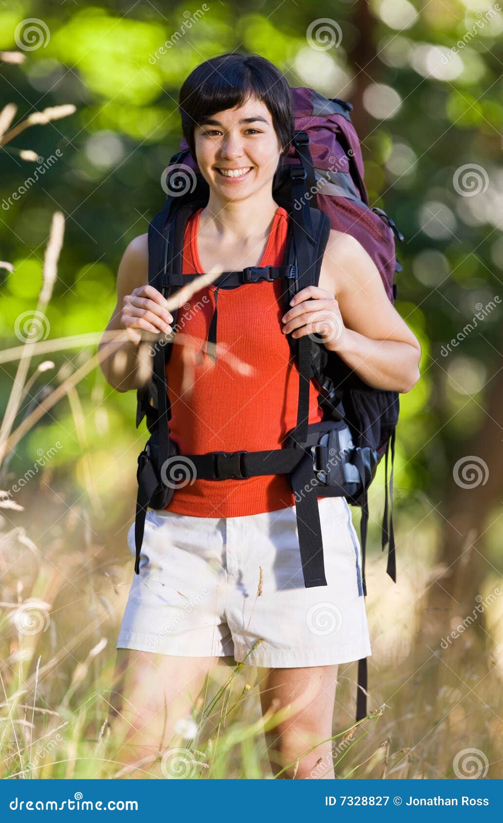 Smiling Woman with Backpack Stock Image - Image of female, recreation ...
