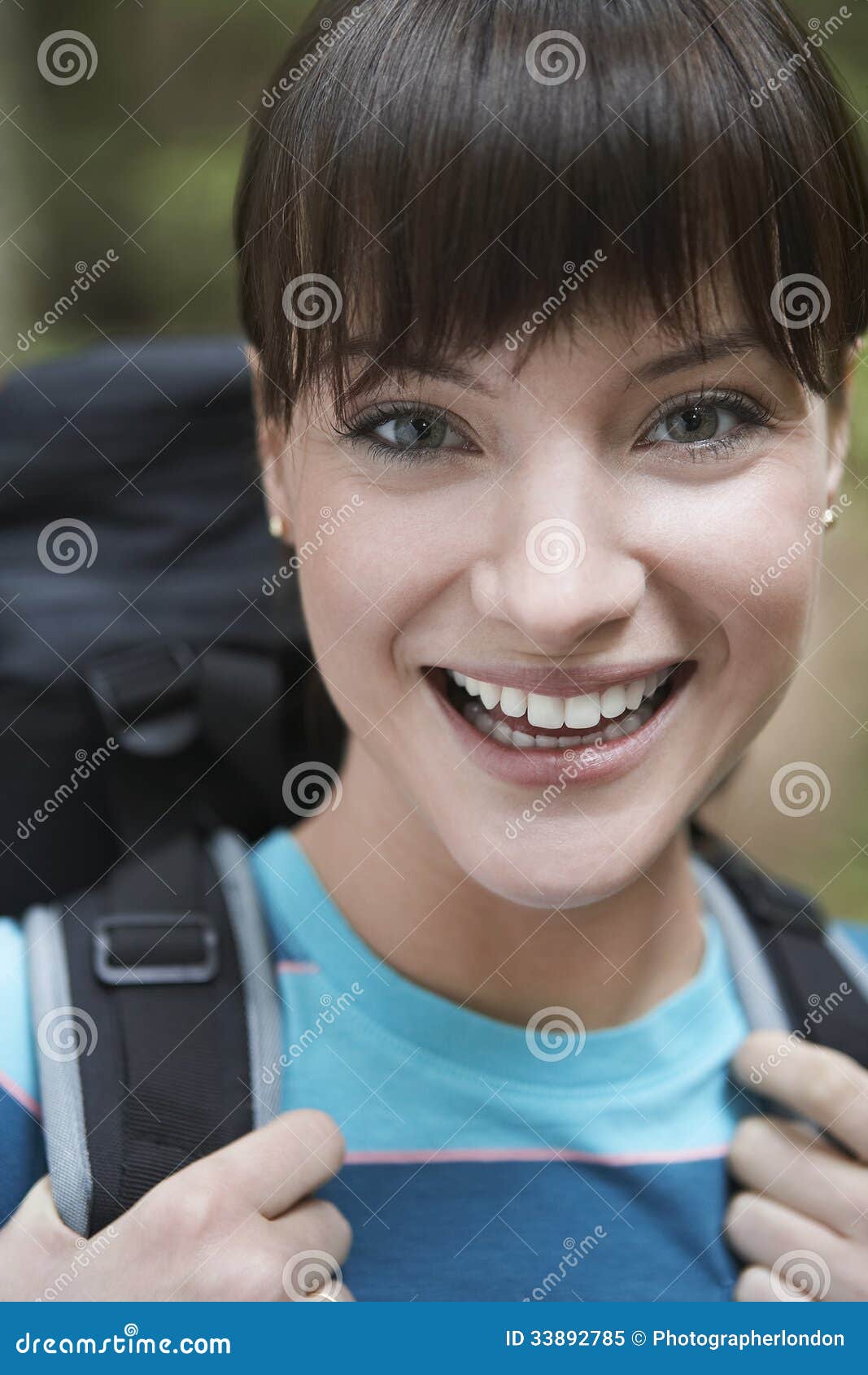 Smiling Woman with Backpack Stock Image - Image of forest, leisure ...