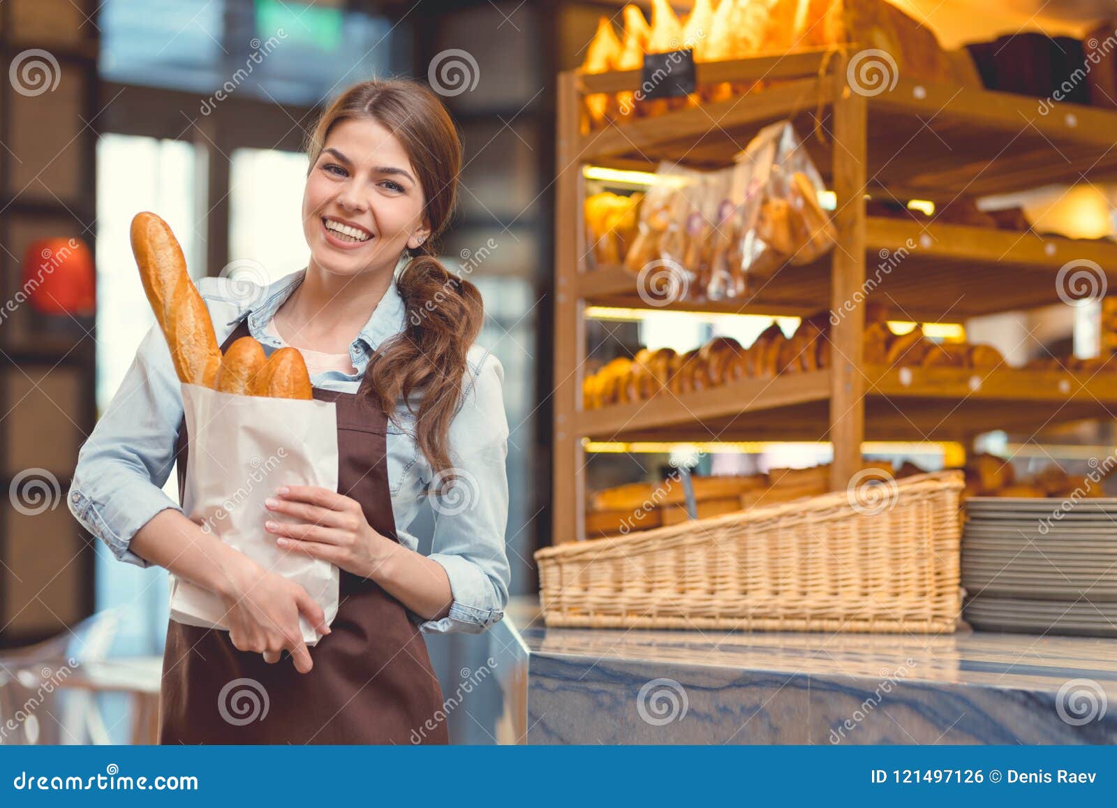 Smiling Woman in the Bakery Stock Photo - Image of professional, store ...