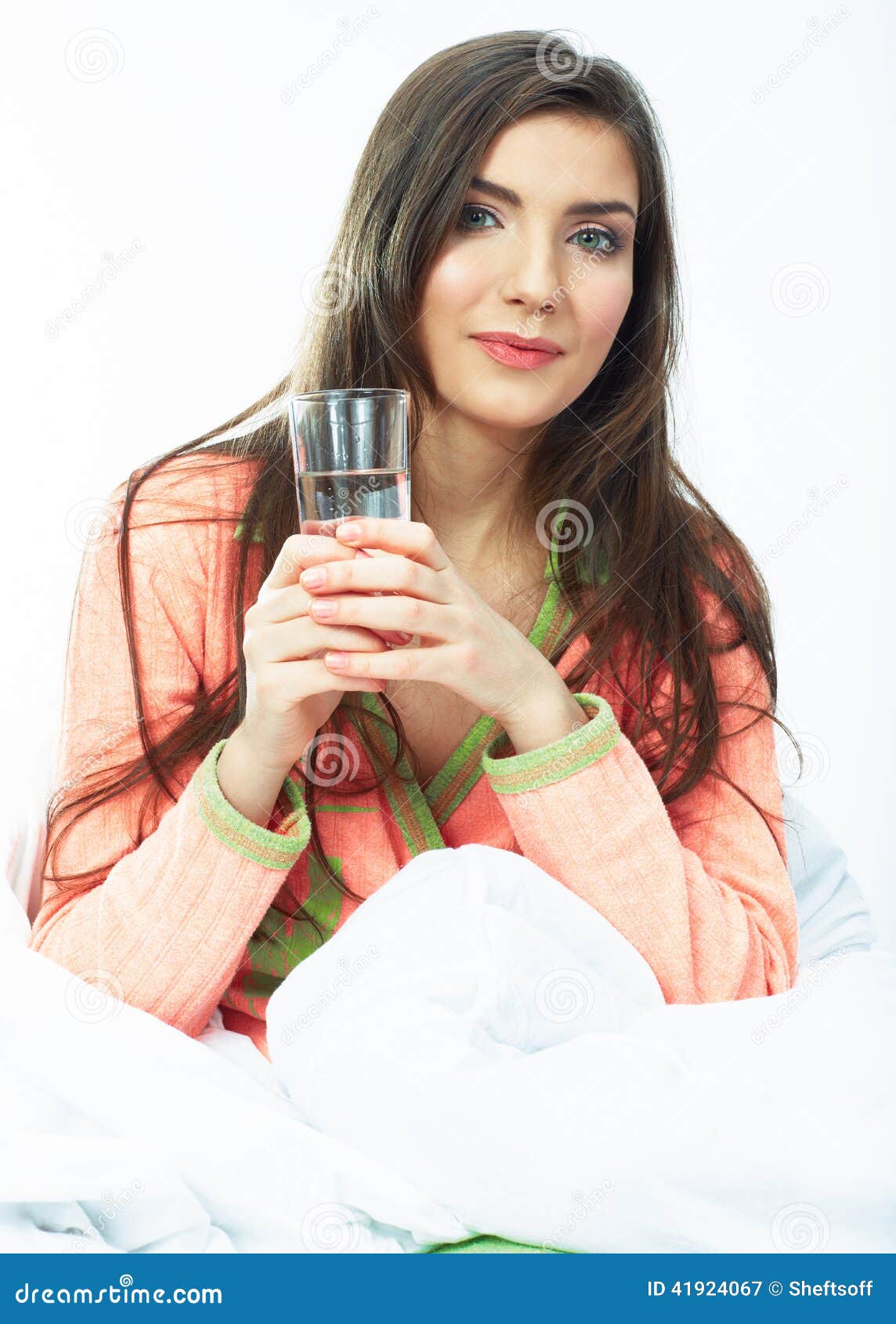 Smiling Woman In Bed Hold Water Glass Stock Image Image Of Drink