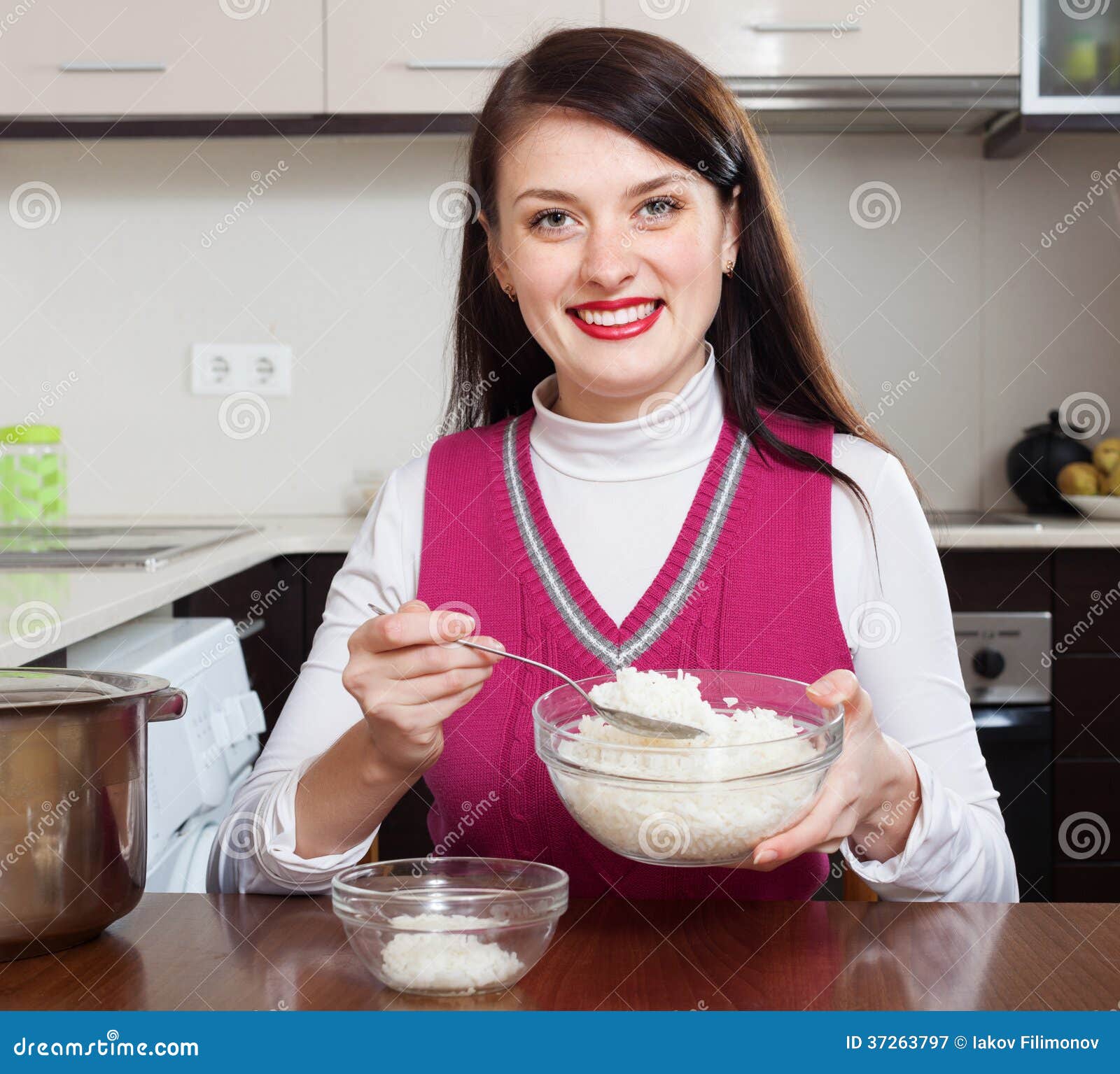 Smiling Woman with Boiled Rice Stock Image - Image of health, morning ...