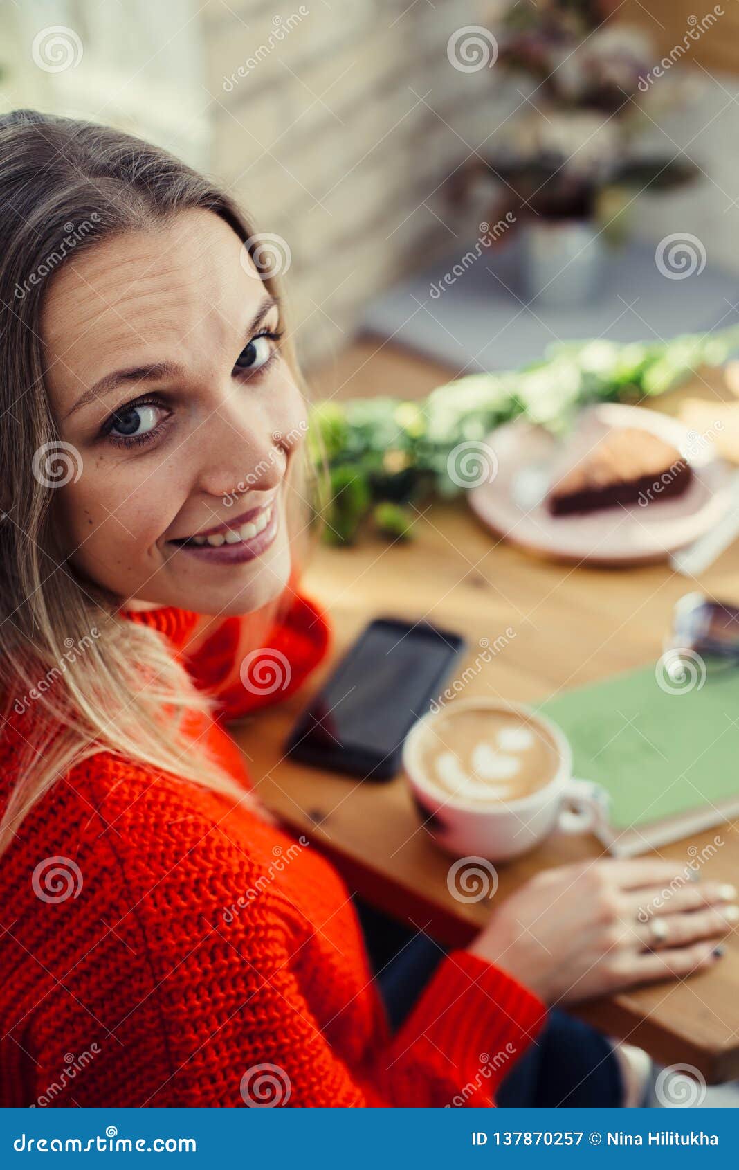 Smiling Woman in Cafe with Coffee Stock Image - Image of cappuccino ...