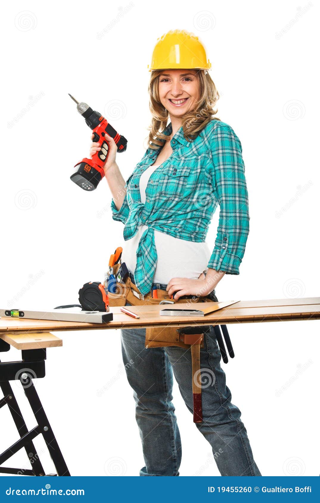 Smiling Woman Carpenter Stock Photo - Image: 19455260