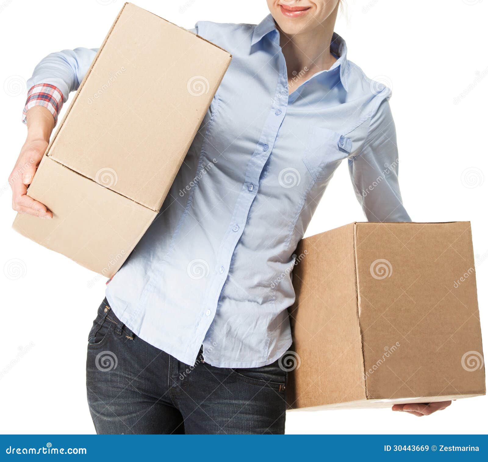 Smiling Woman Carrying Two Big Boxes Stock Image - Image of carry ...