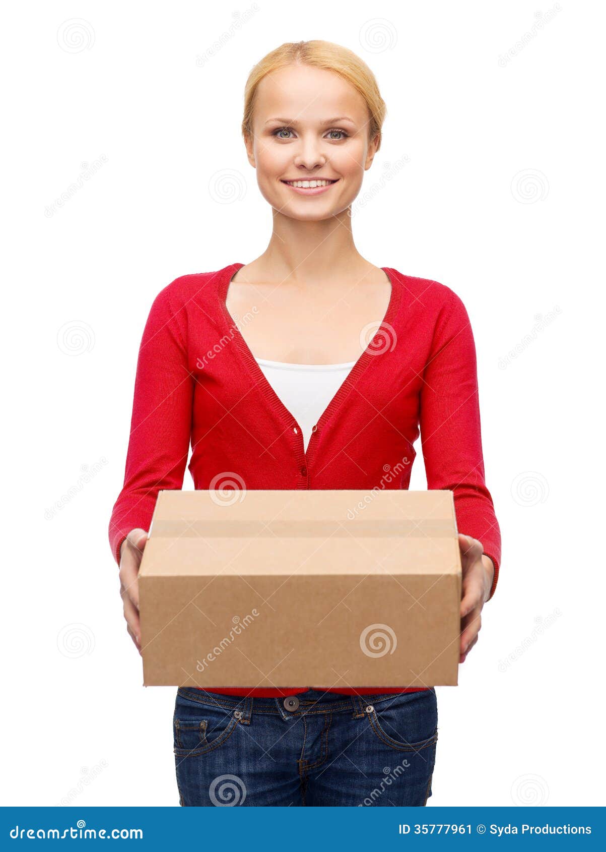 Smiling Woman in Casual Clothes with Parcel Box Stock Image - Image of ...