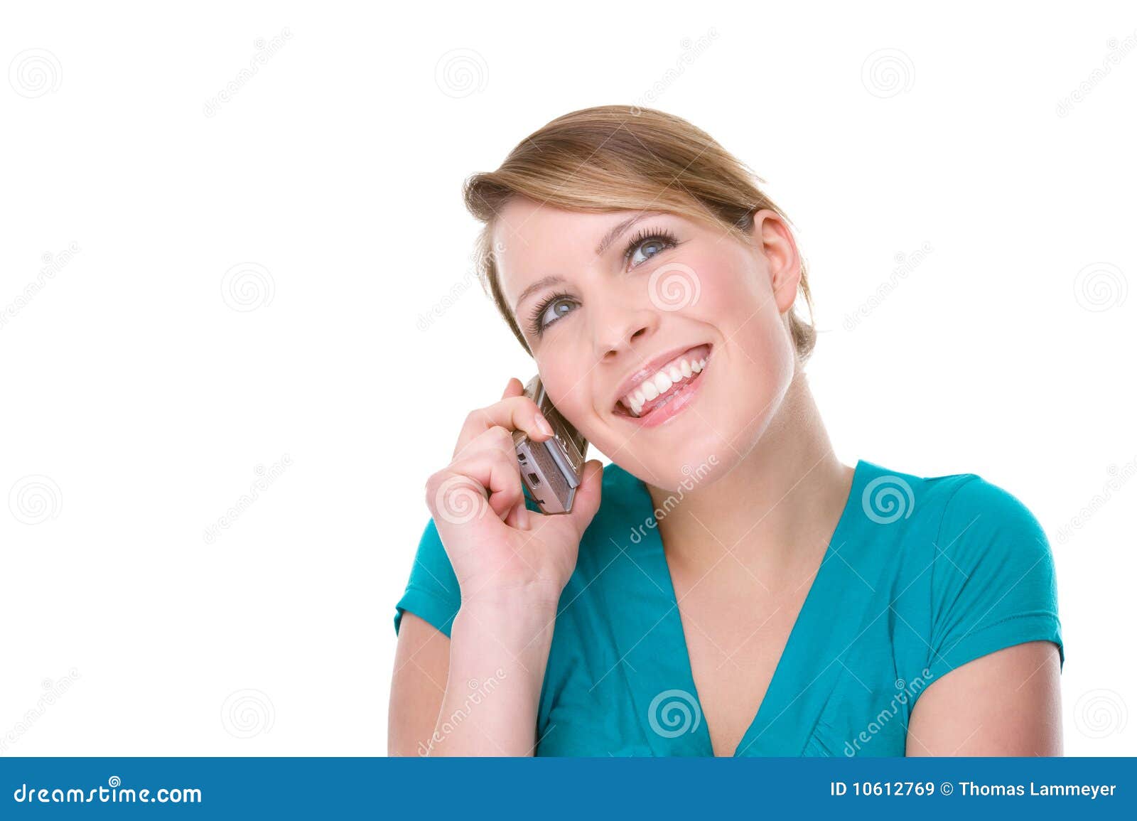Smiling woman with cell stock image. Image of blue, open - 10612769