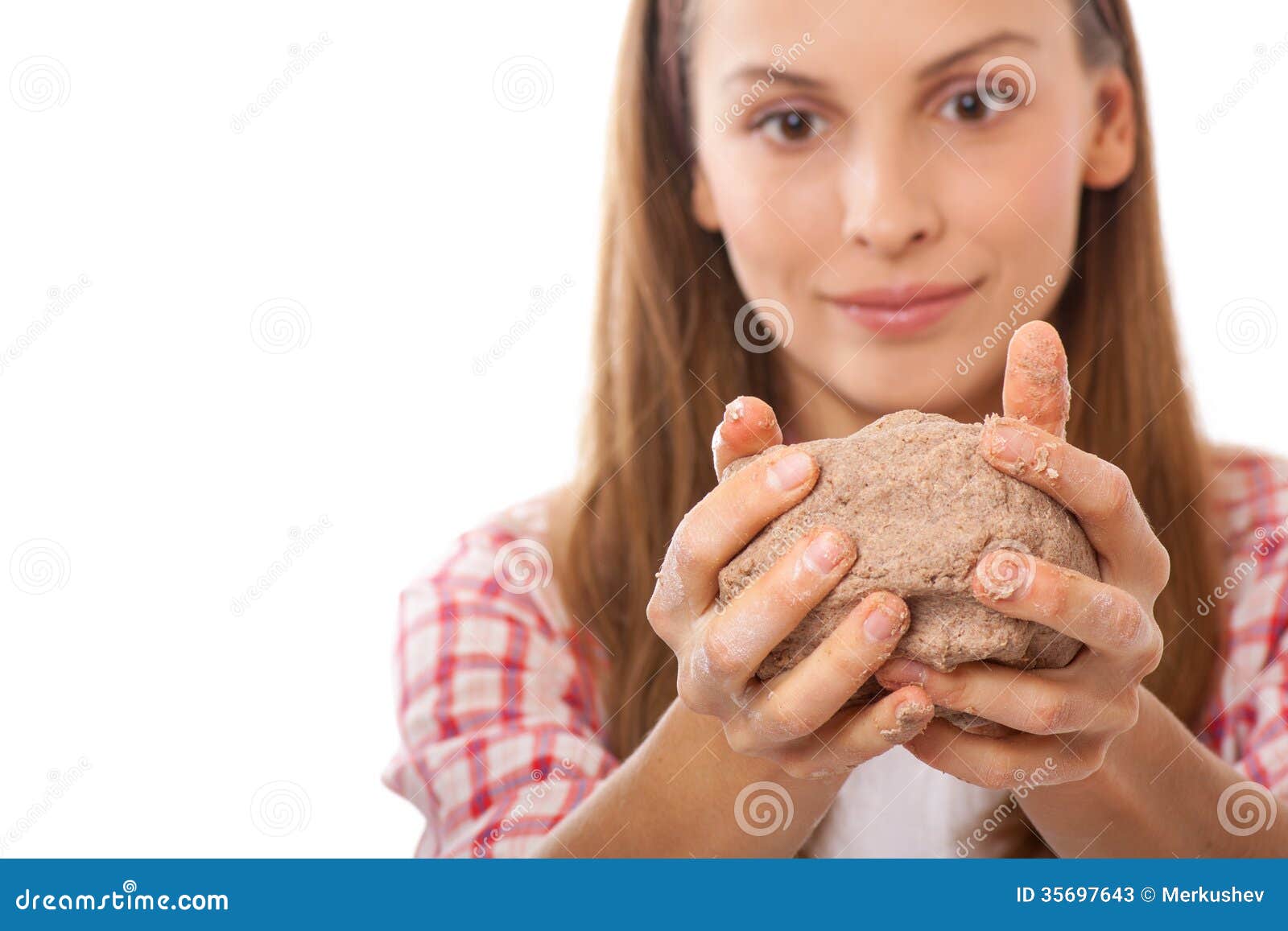 Smiling Woman Chef Holding Dough in the Hands Stock Image - Image of ...