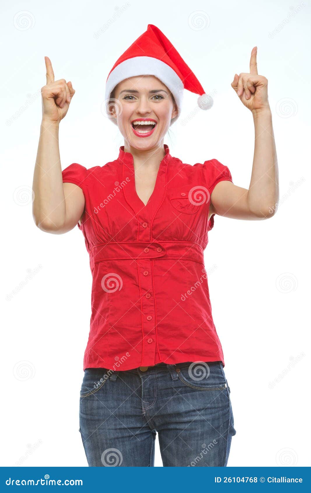 Smiling Woman in Christmas Hat Pointing Up Stock Photo - Image of santa ...