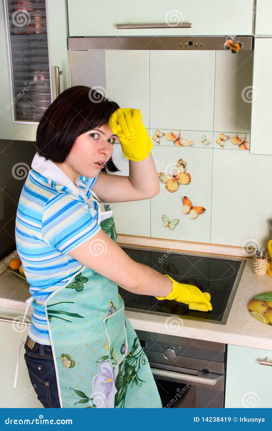 Smiling Woman Cleaning Cooker Stock Image - Image of housewife, close ...