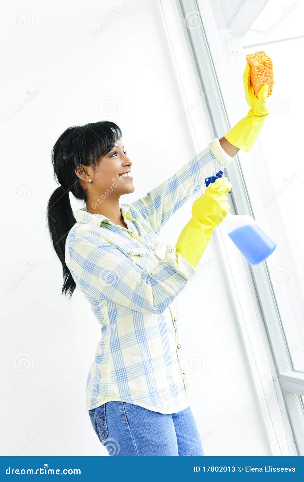 Smiling Woman Cleaning Windows Stock Image - Image of homemaker, happy ...