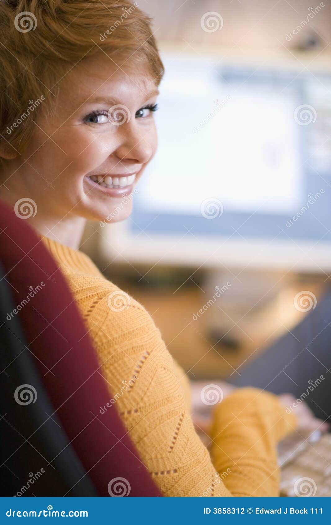 Smiling woman at computer stock photo. Image of female - 3858312