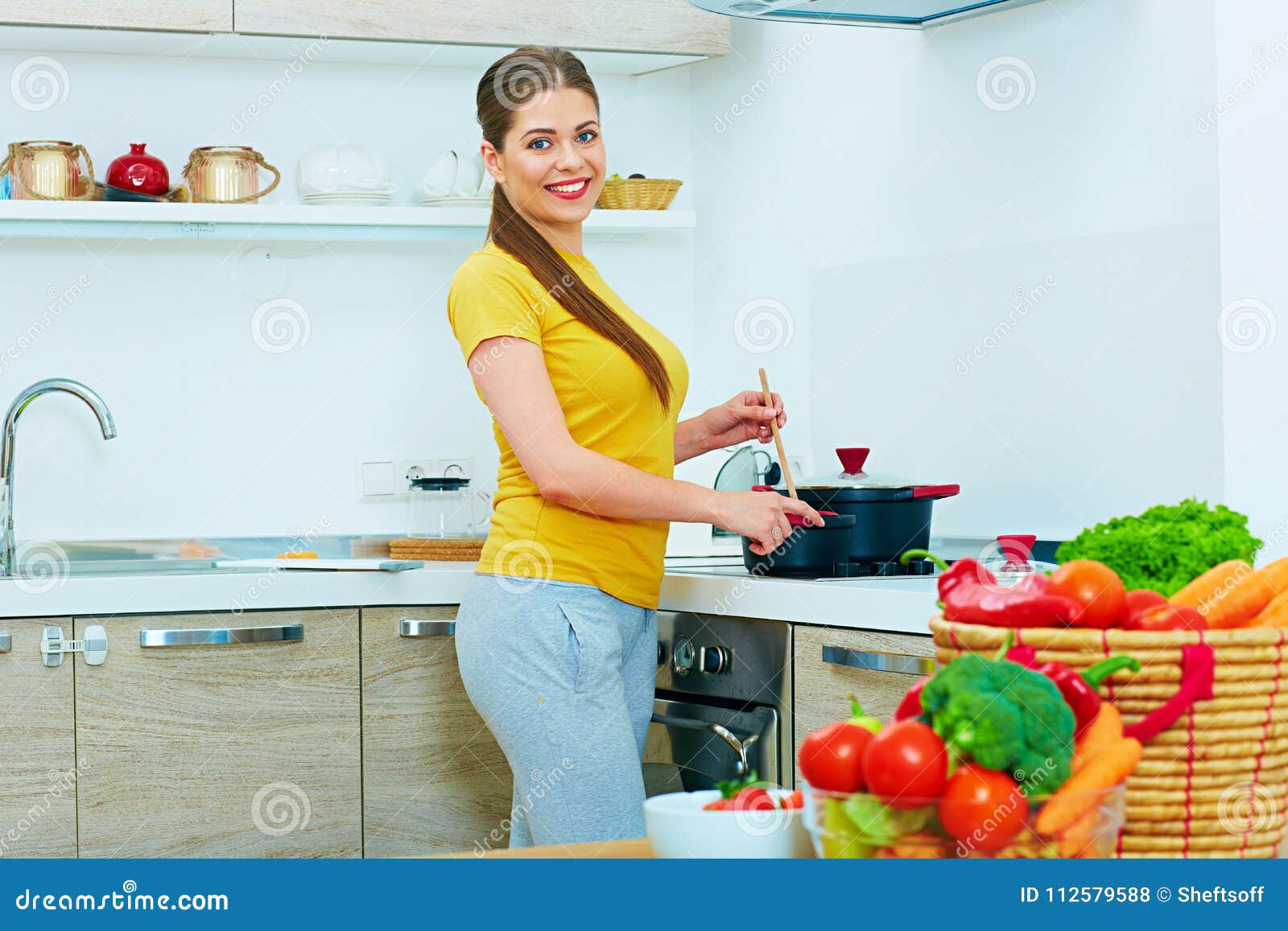 Smiling Woman Cooking in Kitchen with Fun. Stock Photo - Image of food ...
